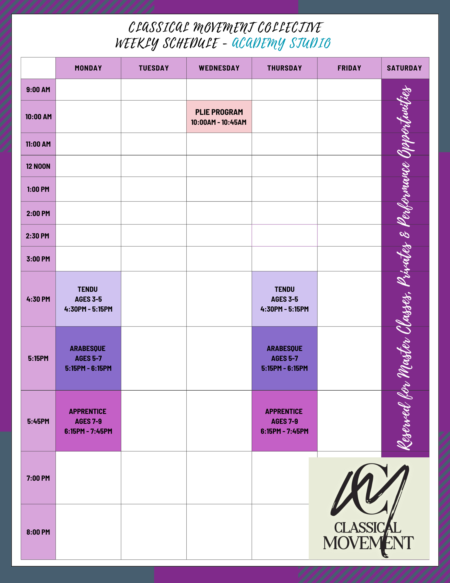 Classical Movement - Studio Schedule