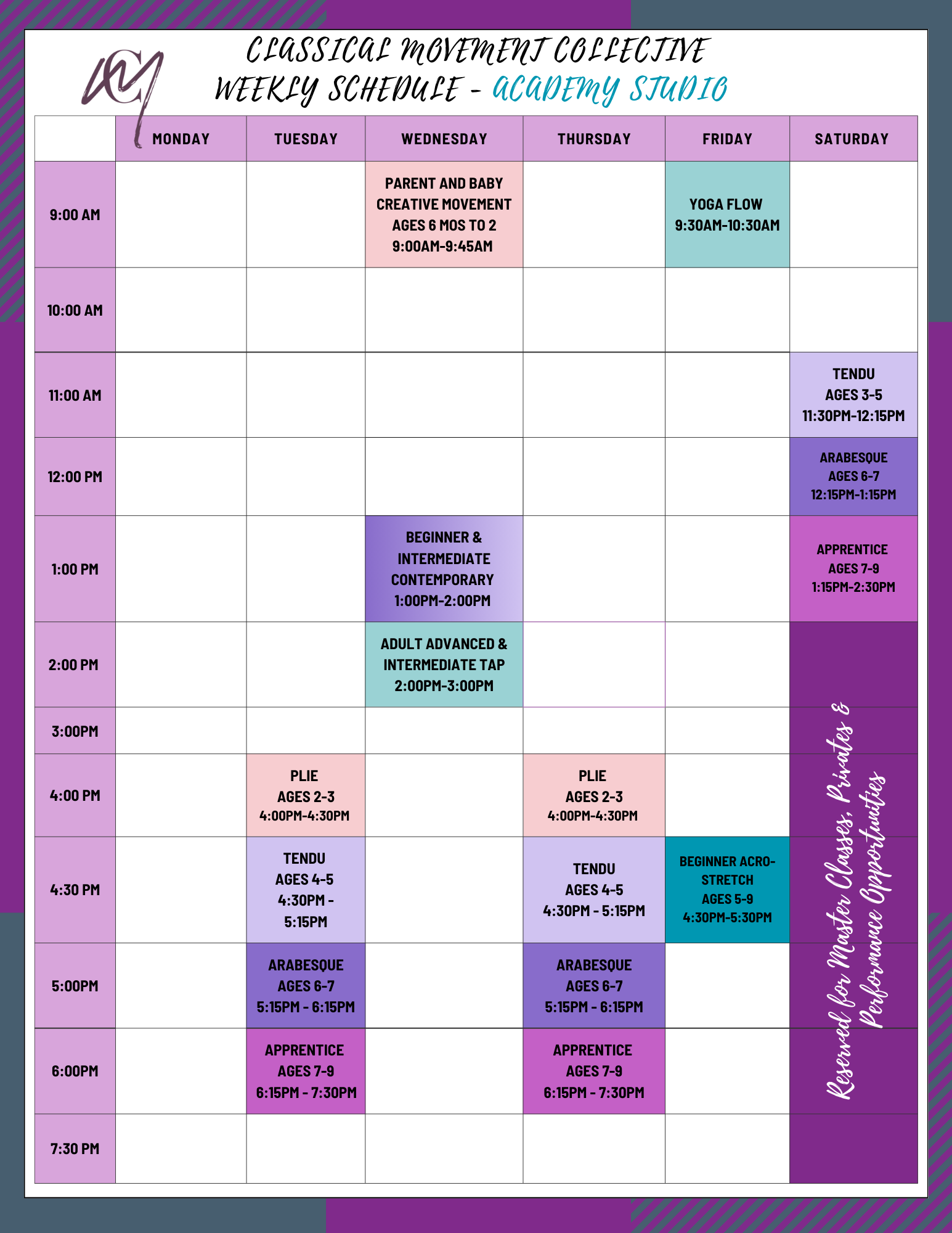Classical Movement - Studio Schedule