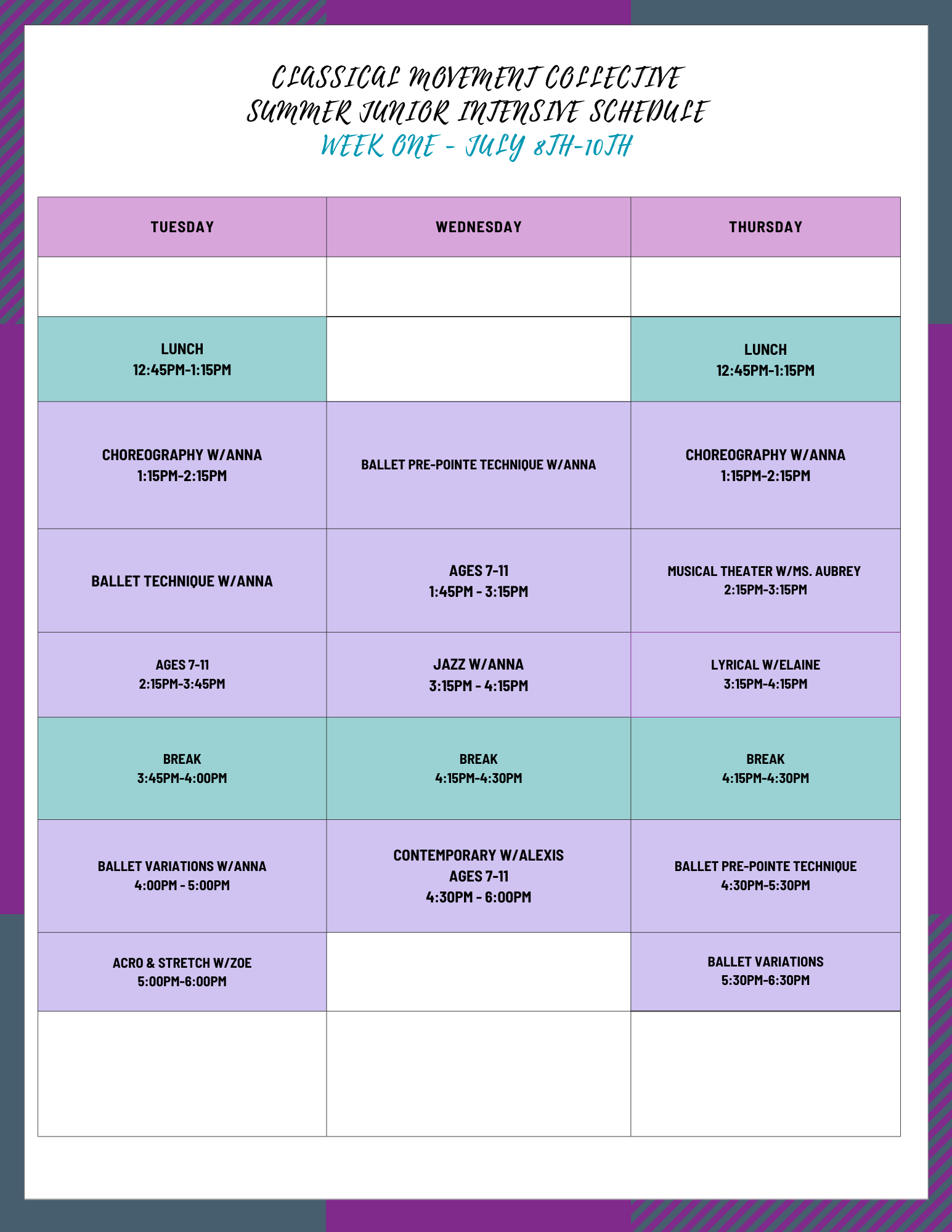 Classical Movement - Studio Schedule