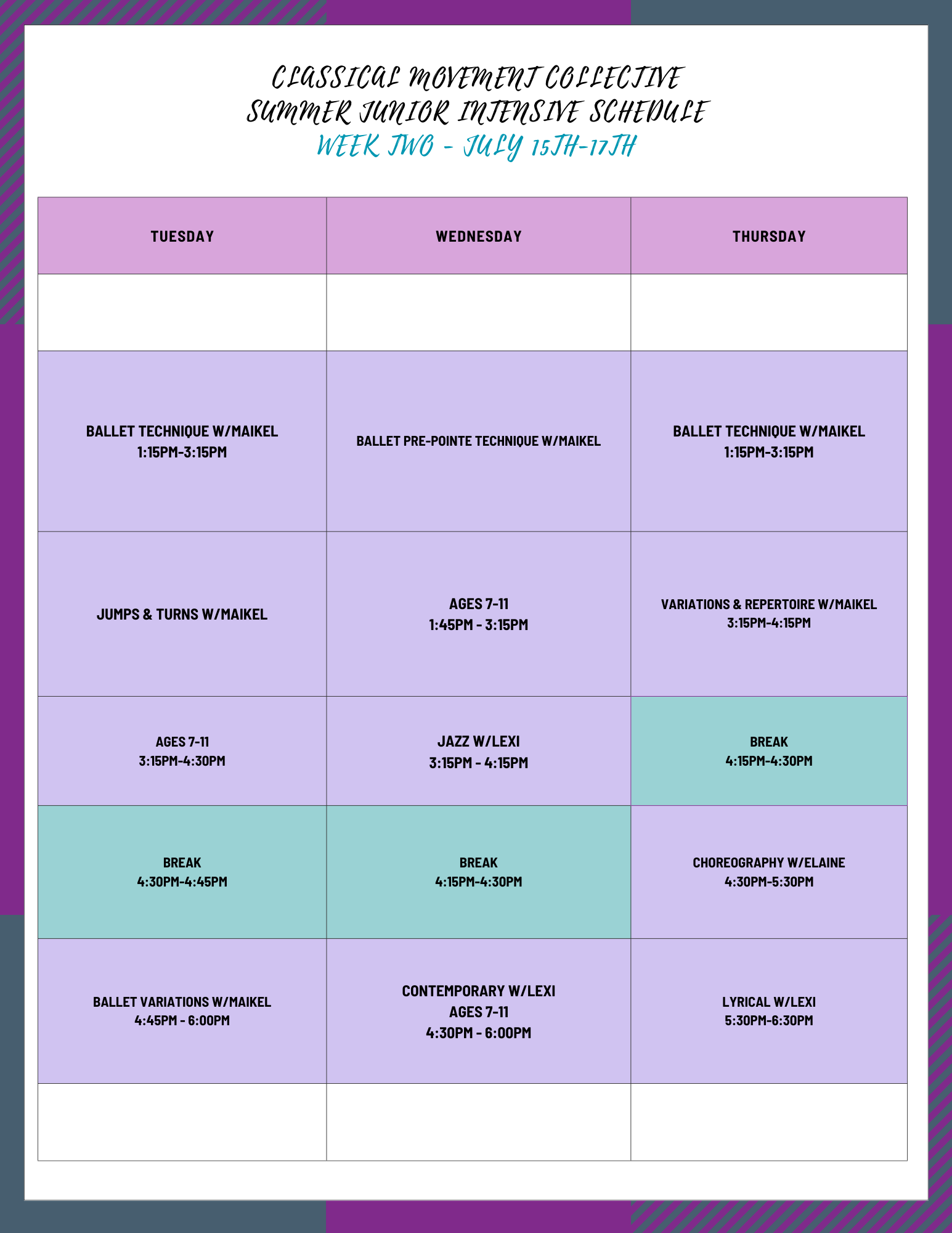 Classical Movement - Studio Schedule