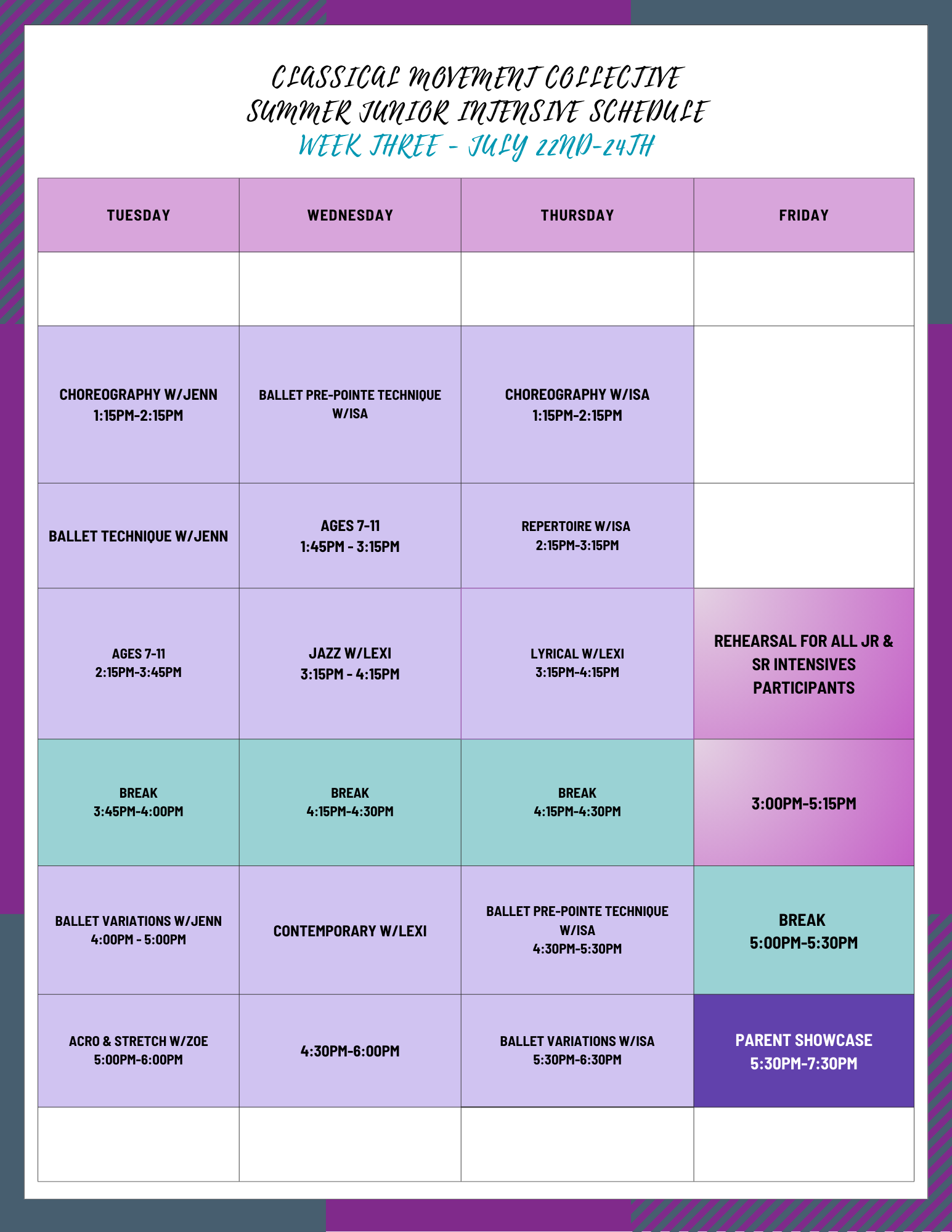 Classical Movement - Studio Schedule