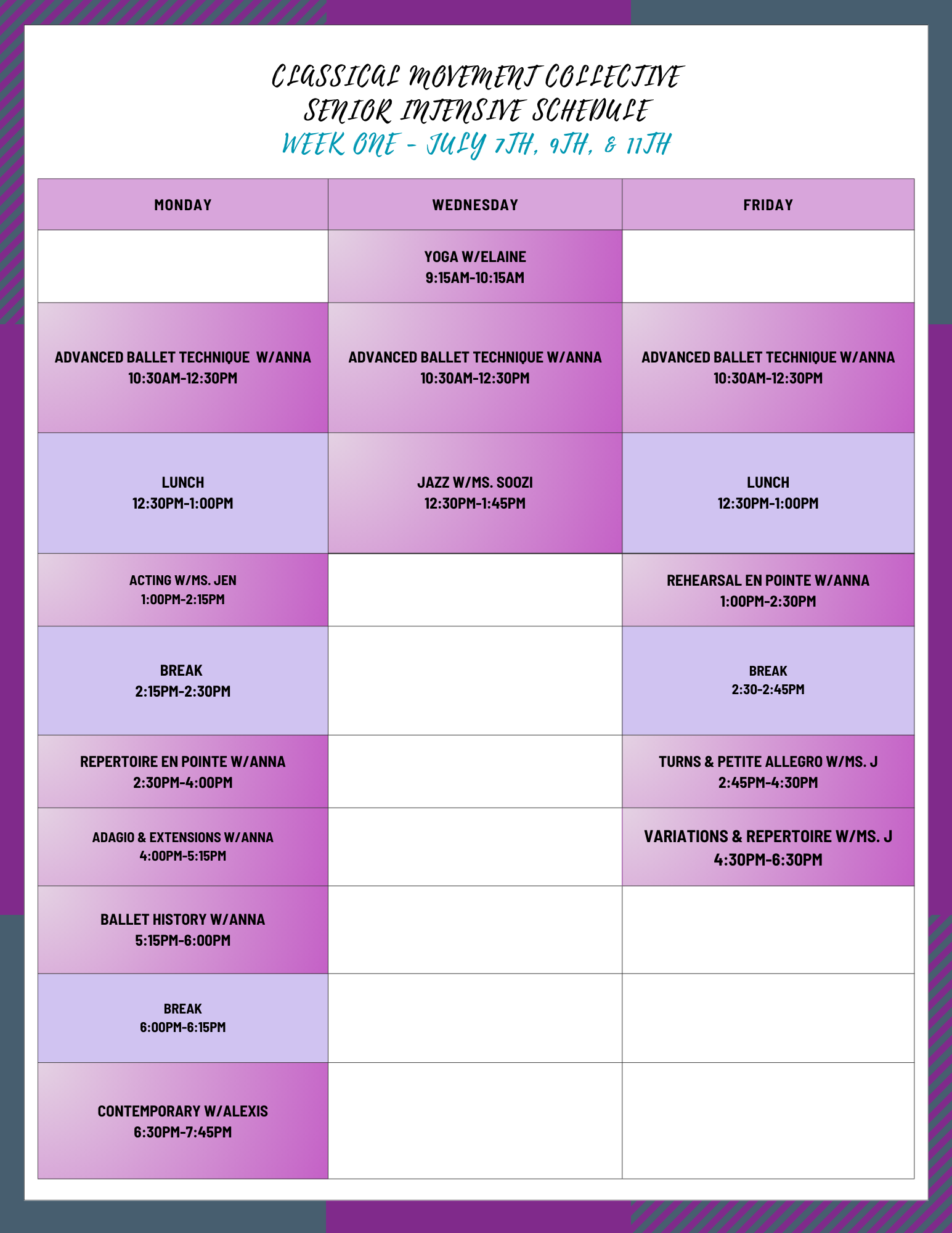 Classical Movement - Studio Schedule