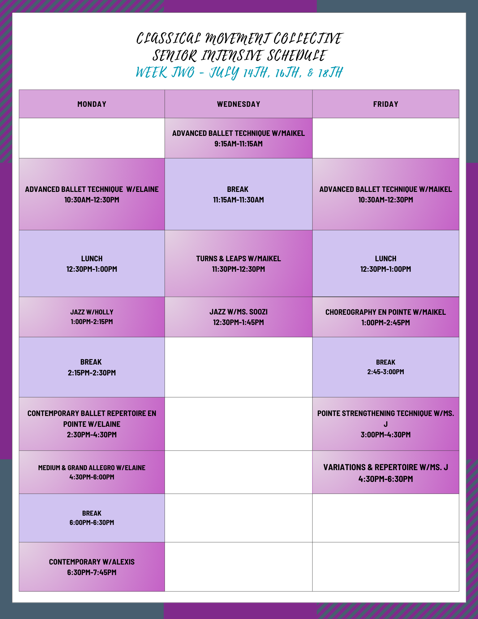 Classical Movement - Studio Schedule